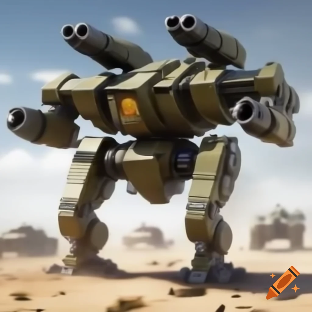 Symmetrical armored battle mech design inspired by military tanks on ...