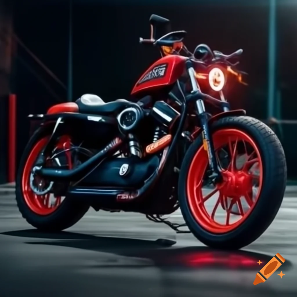 Red Harley-Davidson Sportster motorcycle with training wheels on Craiyon