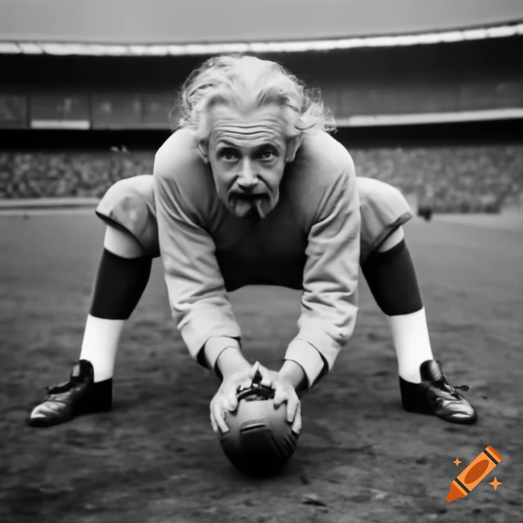 Albert Einstein in football gear kneeling and facing the camera on Craiyon
