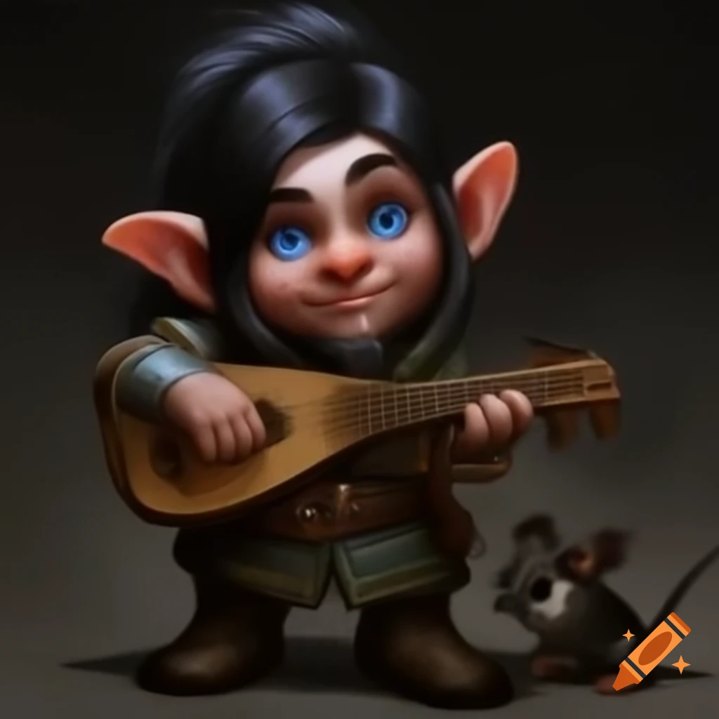 Adult male gnome bard with lute and pet mouse, featuring black hair and ...