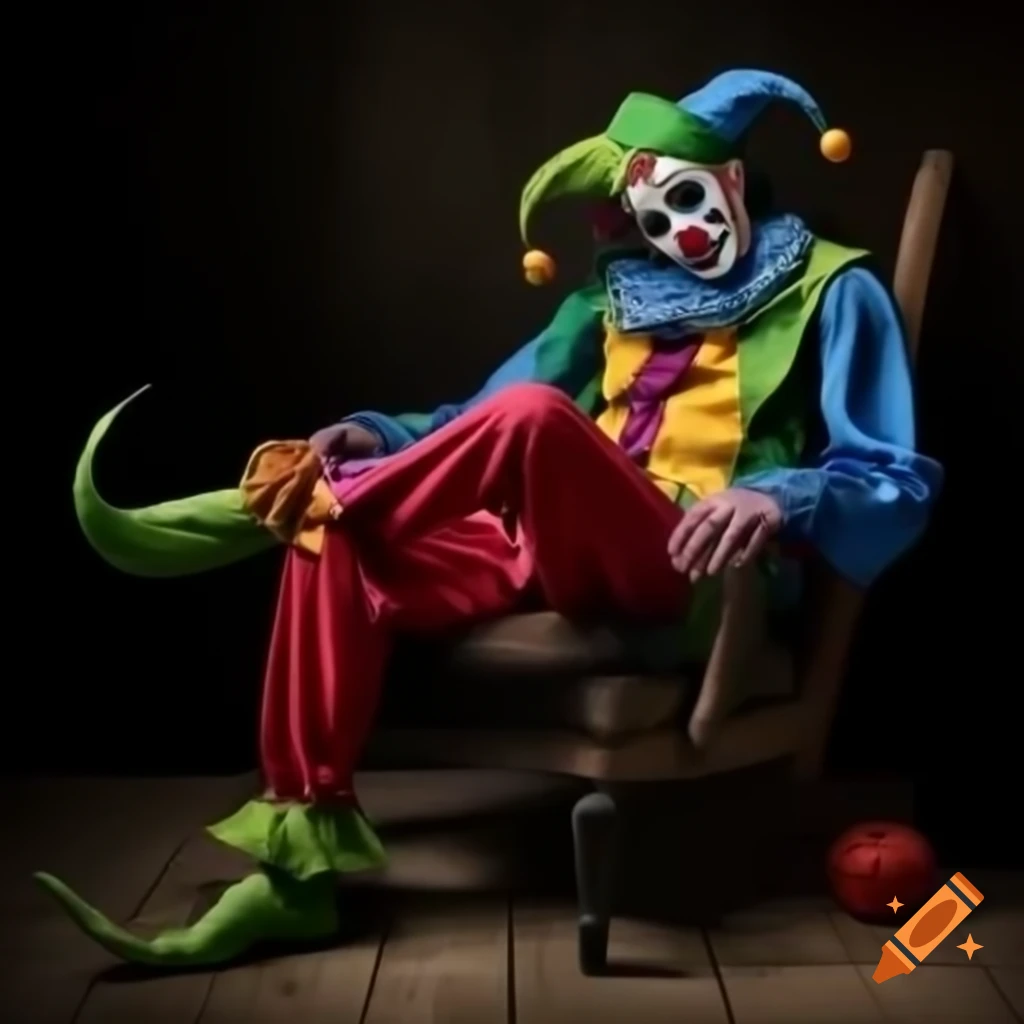 Sad jester sitting relaxed in chair with hand on face on Craiyon