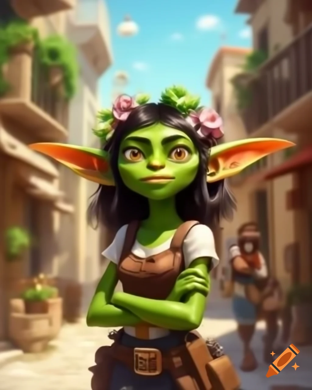 Green-skinned Italian goblin girl with friends in Mediterranean town ...