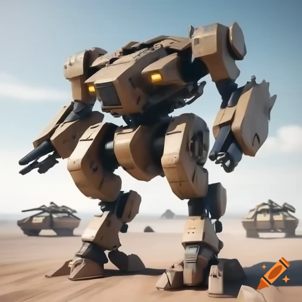 Heavily armored bipedal battle mech with angular and curved designs ...