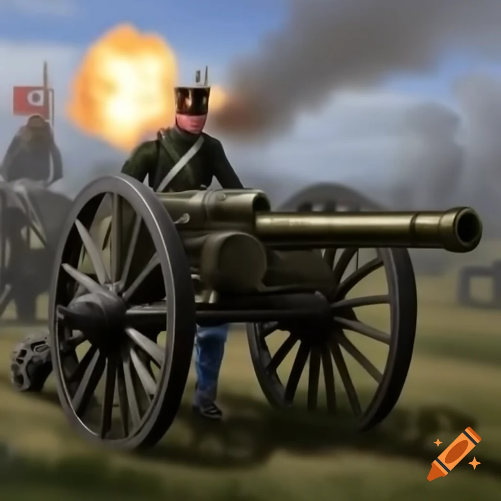 Prussian artilleryman with unique pickelhaube in front of 19th century ...