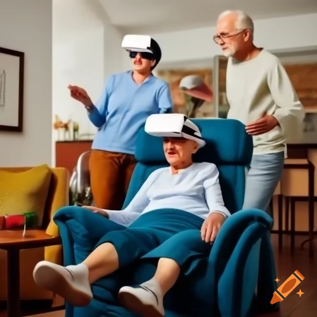 Elderly individuals using VR glasses while seated in recliner chairs at ...