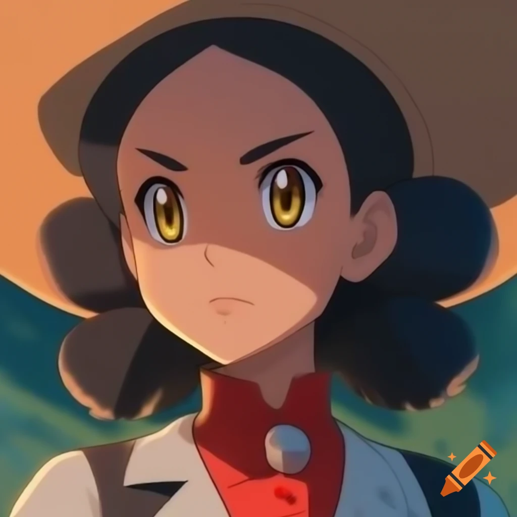 Anime-style Latina Pokemon professor with wavy hair and brown eyes on ...