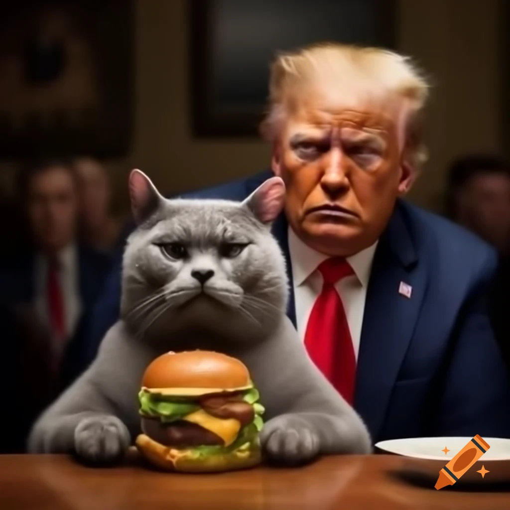 Gray cat stealing burger in a humorous scene with Donald Trump on Craiyon