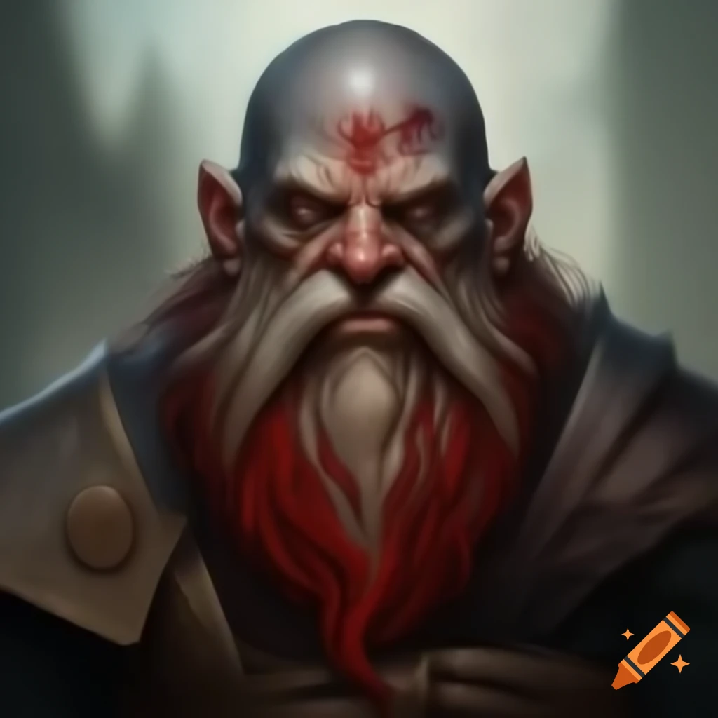 Bald dwarf with dark skin and red and white beard in dark fantasy robes ...