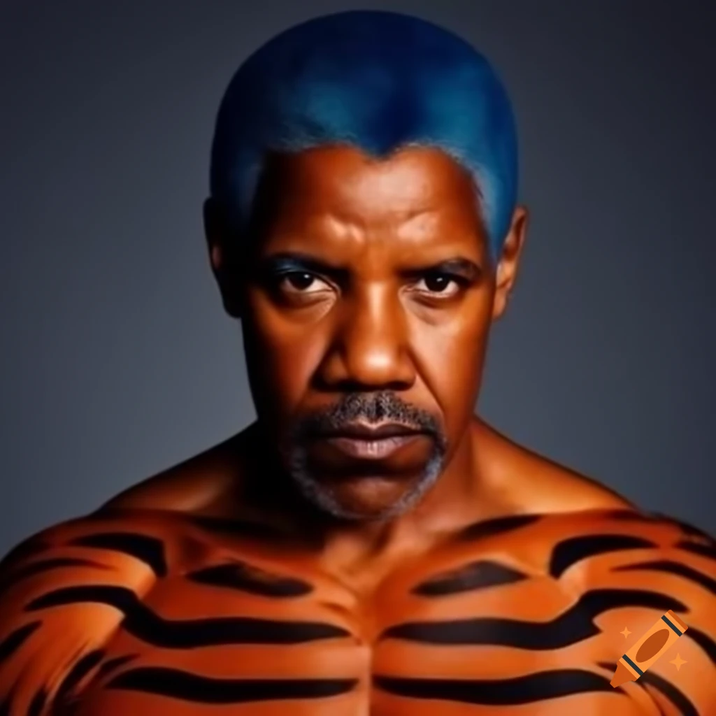 Muscular man with tiger-style makeup and blue hair, featuring orange ...