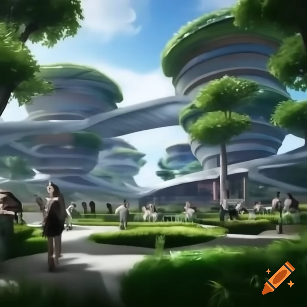 Futuristic city integrated with nature, featuring lush greenery on Craiyon