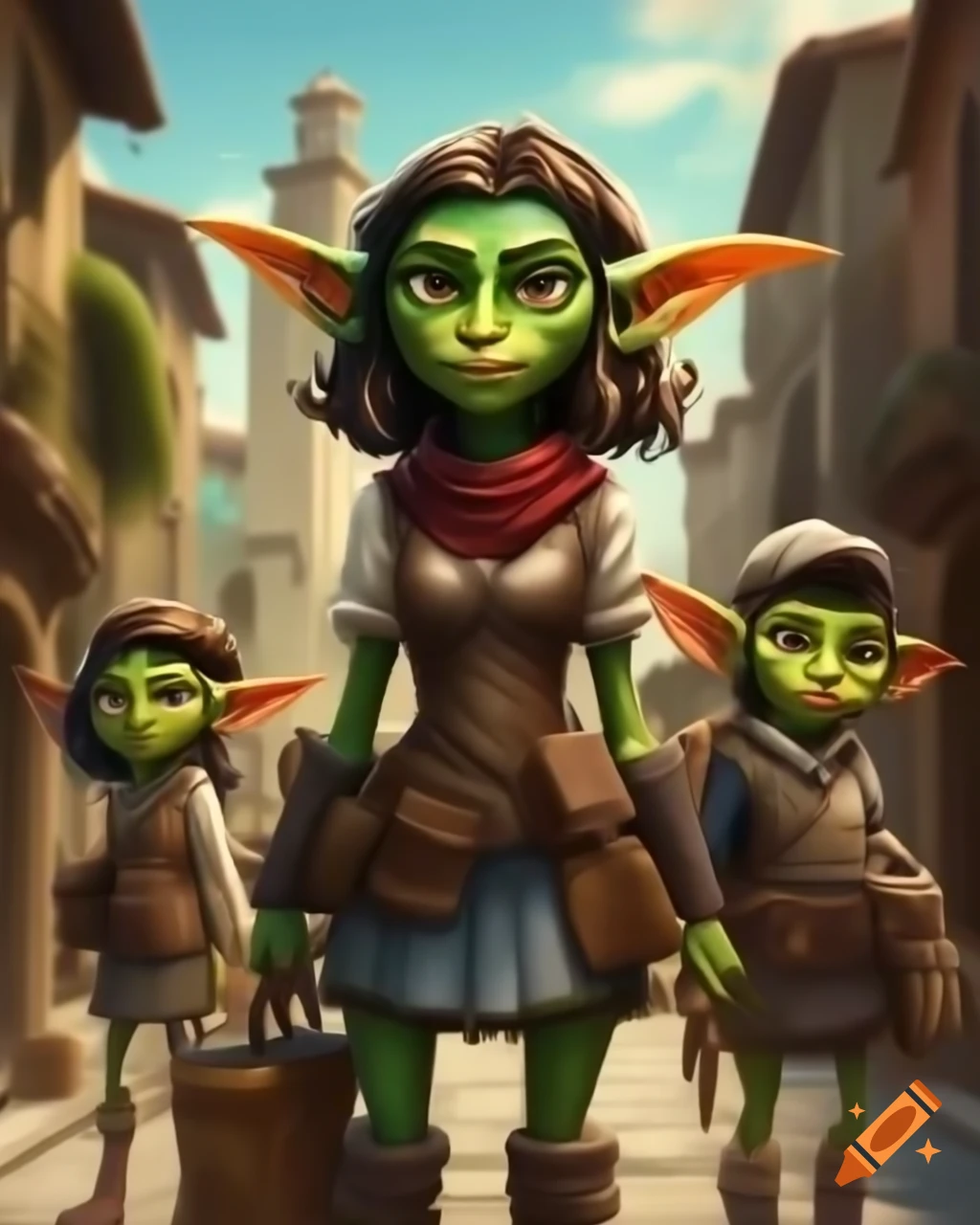 Cel-shaded green-skinned goblin girl posing with friends in Italian ...