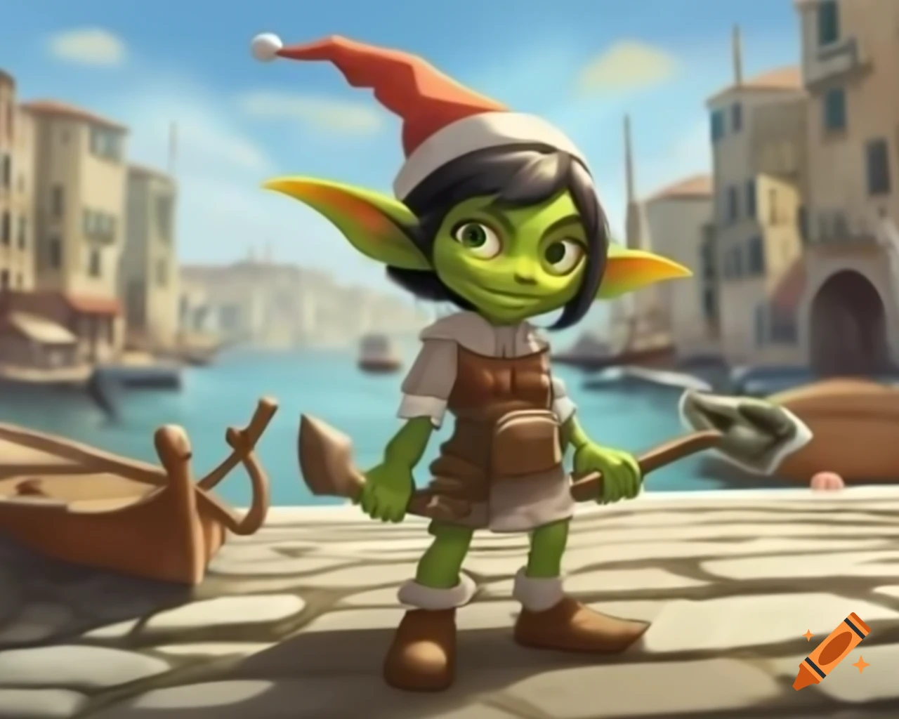 Green-skinned goblin girl posing with friends in Italian harbor town ...
