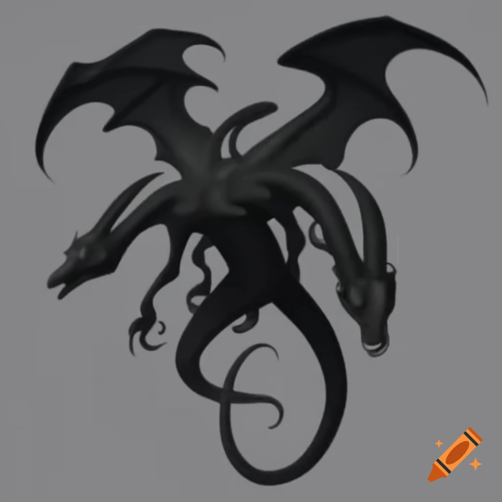 Black and white illustration of a three-headed hydra with Japanese text ...