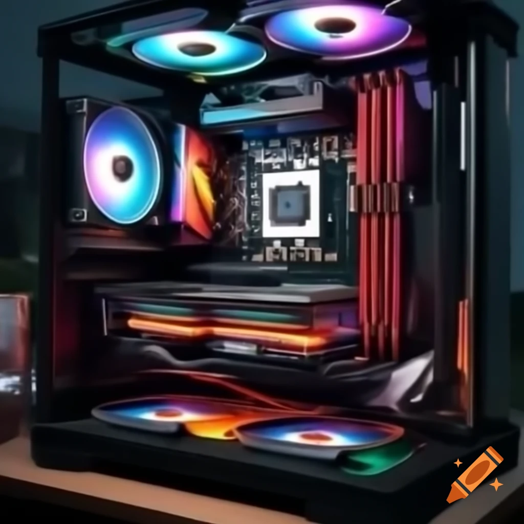 Top view of computer components and tools on a table, including motherboard, CPU, RAM, GPU ...