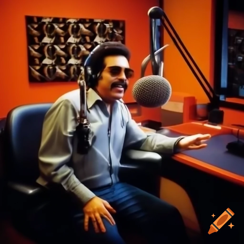Pablo Escobar in radio station, cartoon style, 1980s vibe on Craiyon