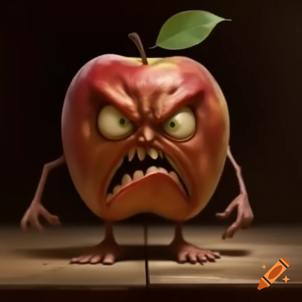Mutant apple with human face and legs, expressing anger on Craiyon