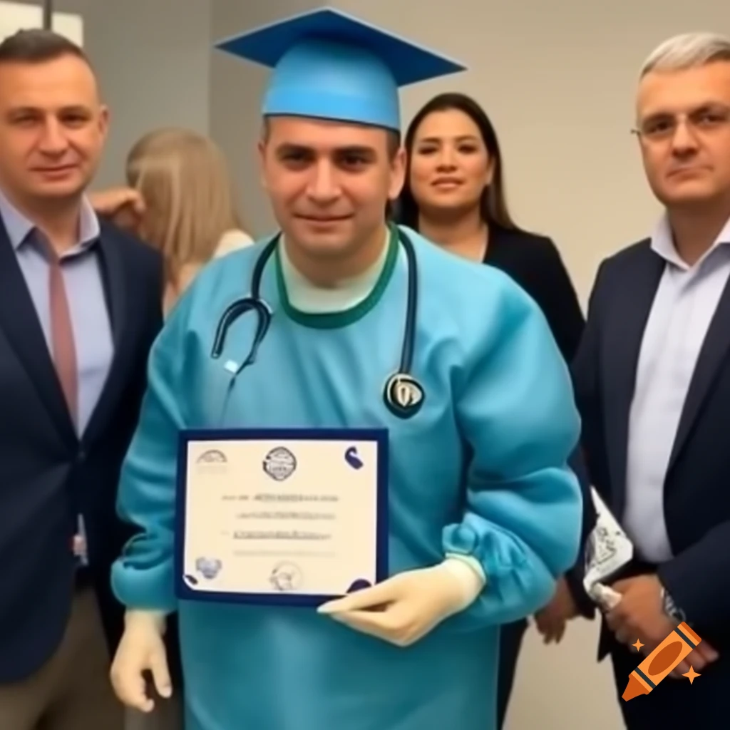 Proud graduate in medical gown and cap holding certificate with family ...