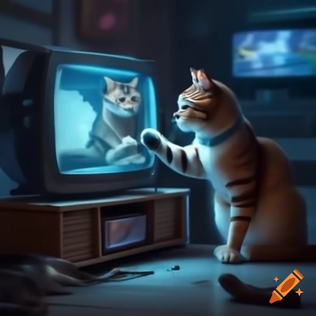 Sci-fi scene of two cats touching paws through TV screen on Craiyon