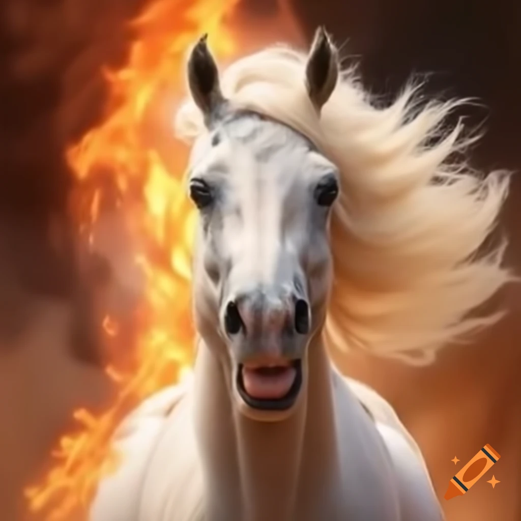 Smiling white horse running out of fire on Craiyon