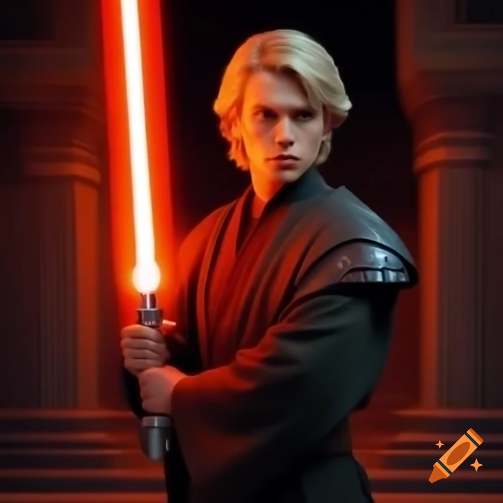 Blonde young man with orange lightsaber in Sith uniform inside Korriban ...