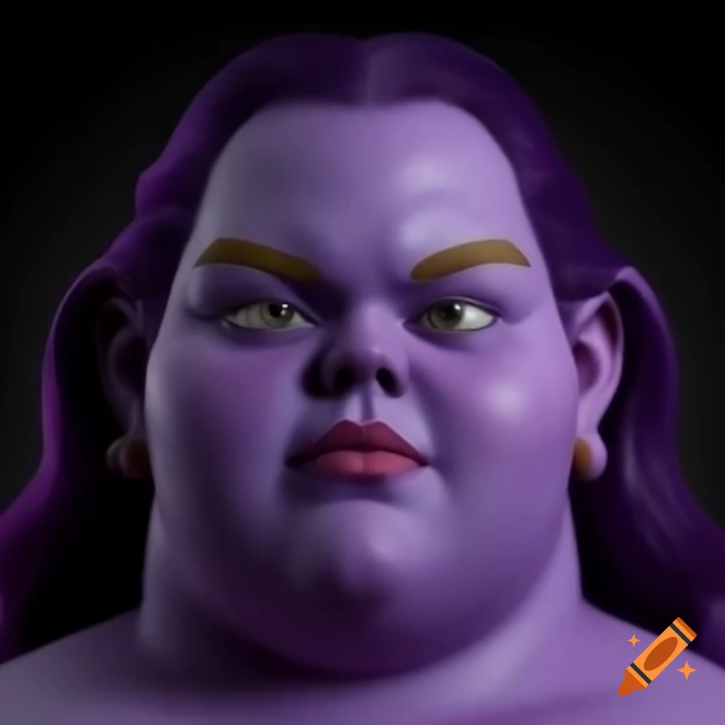 Closeup of a purple-skinned woman with asymmetrical features on Craiyon