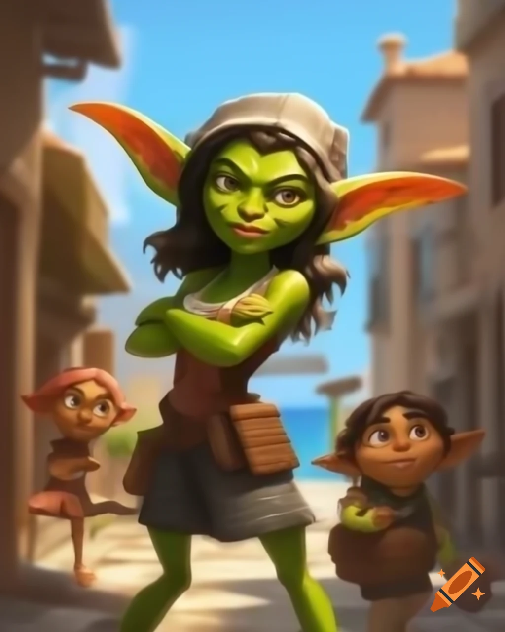 Green-skinned Italian goblin girl with friends in Mediterranean town ...