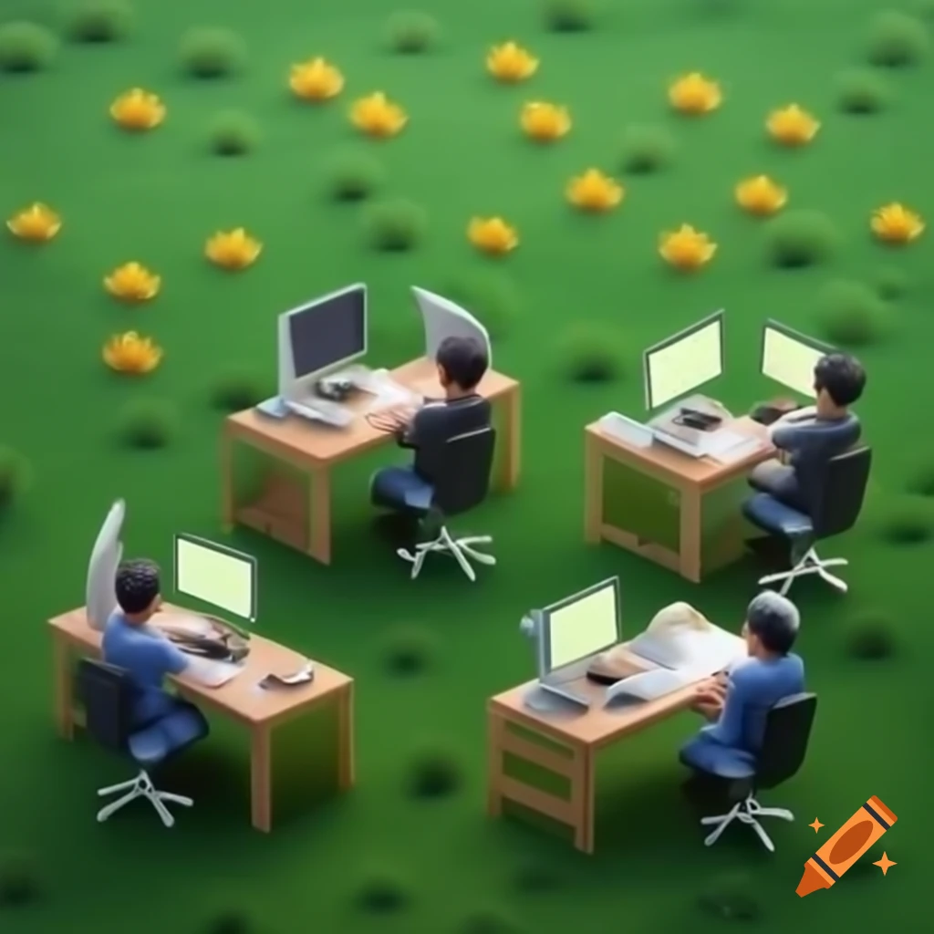 Three social workers in office clothes working on computers in a green ...