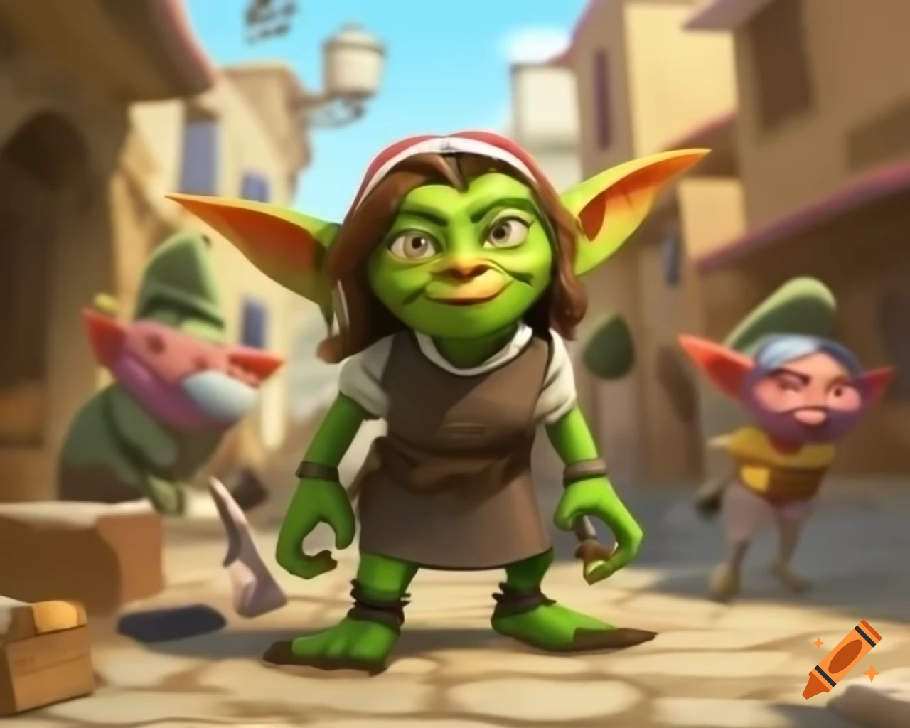 Green-skinned Italian goblin girl posing with friends in Mediterranean ...