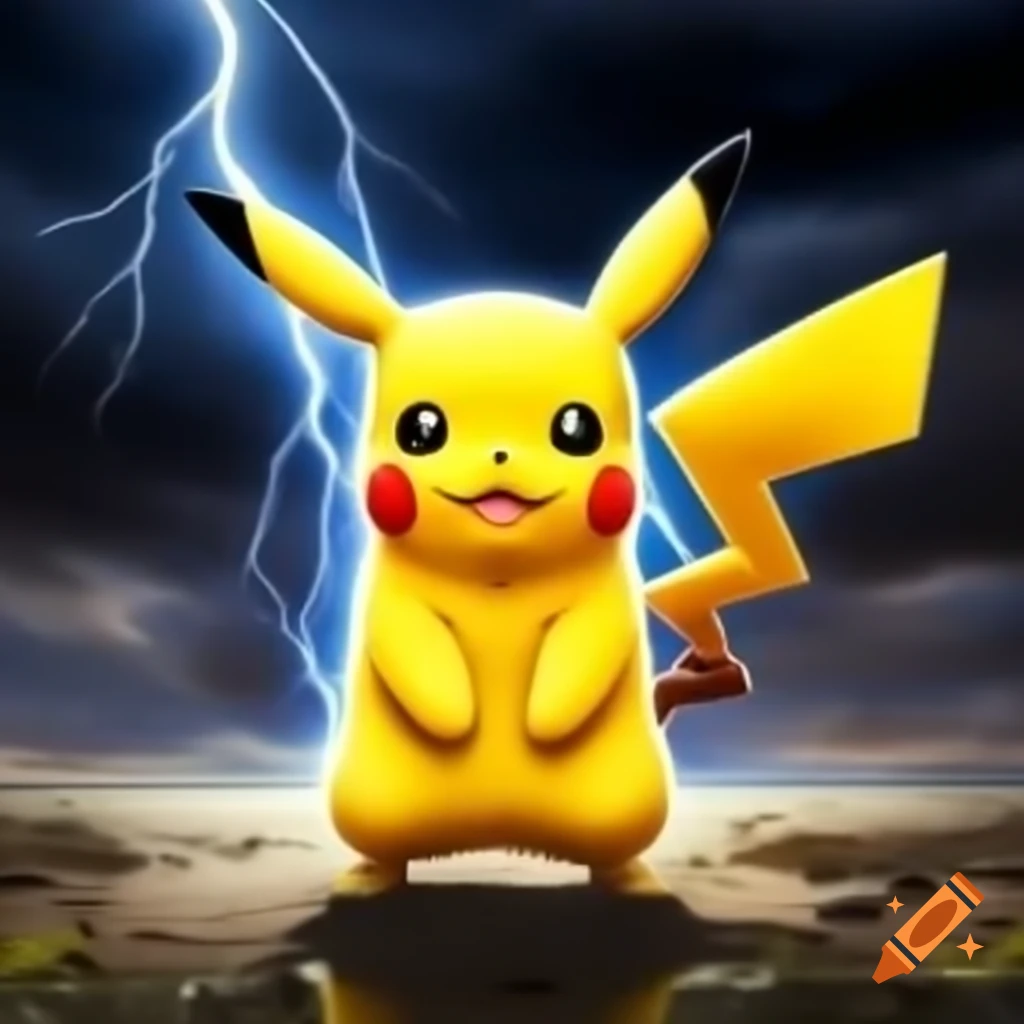 Pikachu standing before a dramatic lightning backdrop on Craiyon
