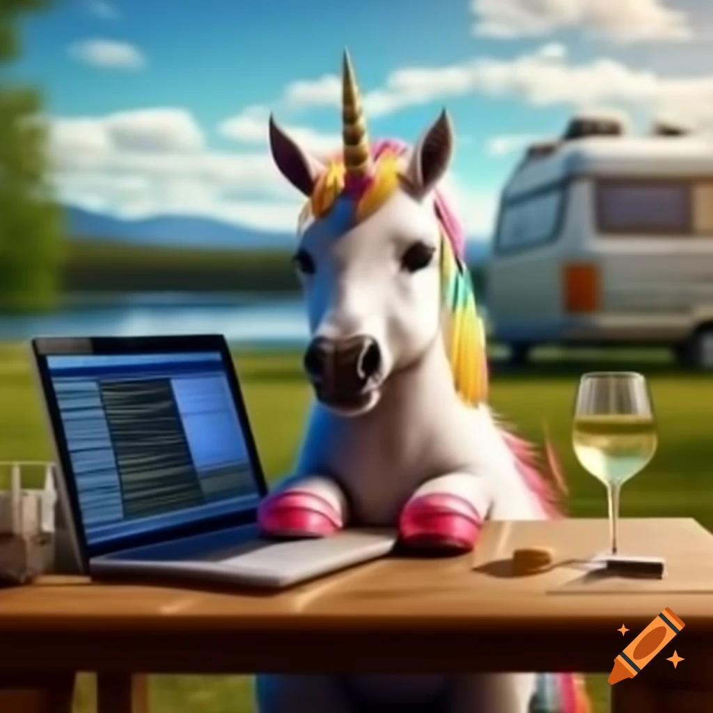 Unicorn coding a website at table with white wine and camper van by lake on Craiyon
