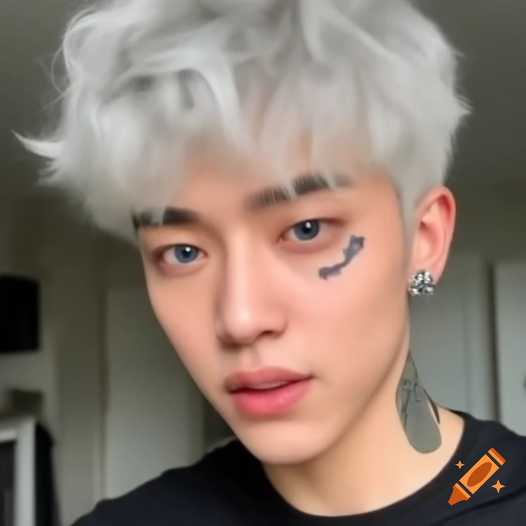 Asian young man with fluffy white hair, icy blue eyes, pink braces, and ...