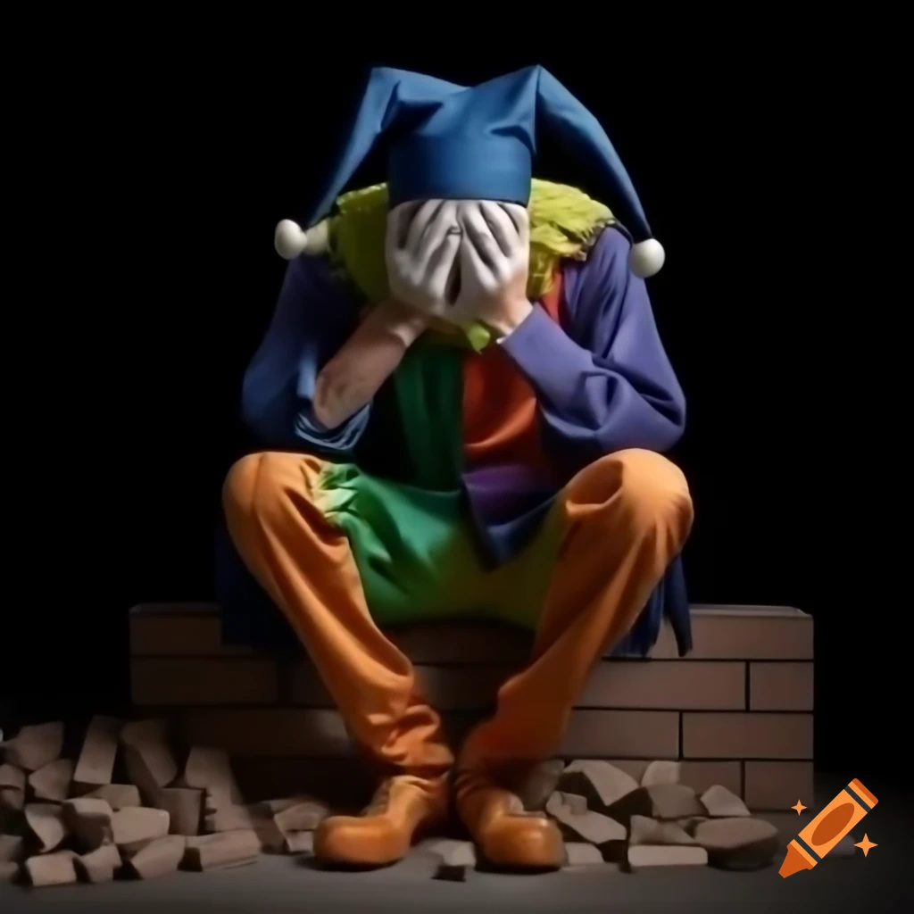 Sad jester sitting on bricks with hands on lap on Craiyon