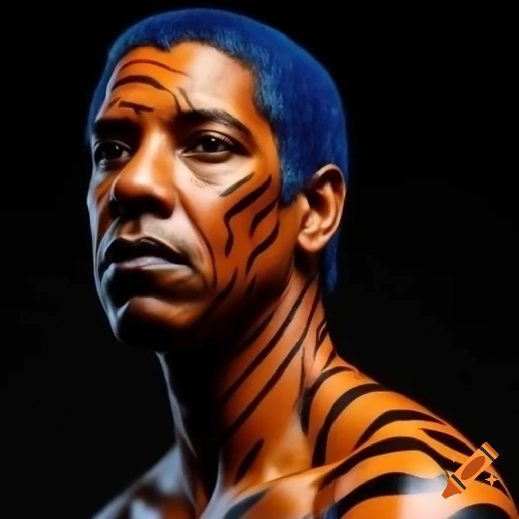 Muscular person with tiger-style makeup featuring blue hair and orange ...