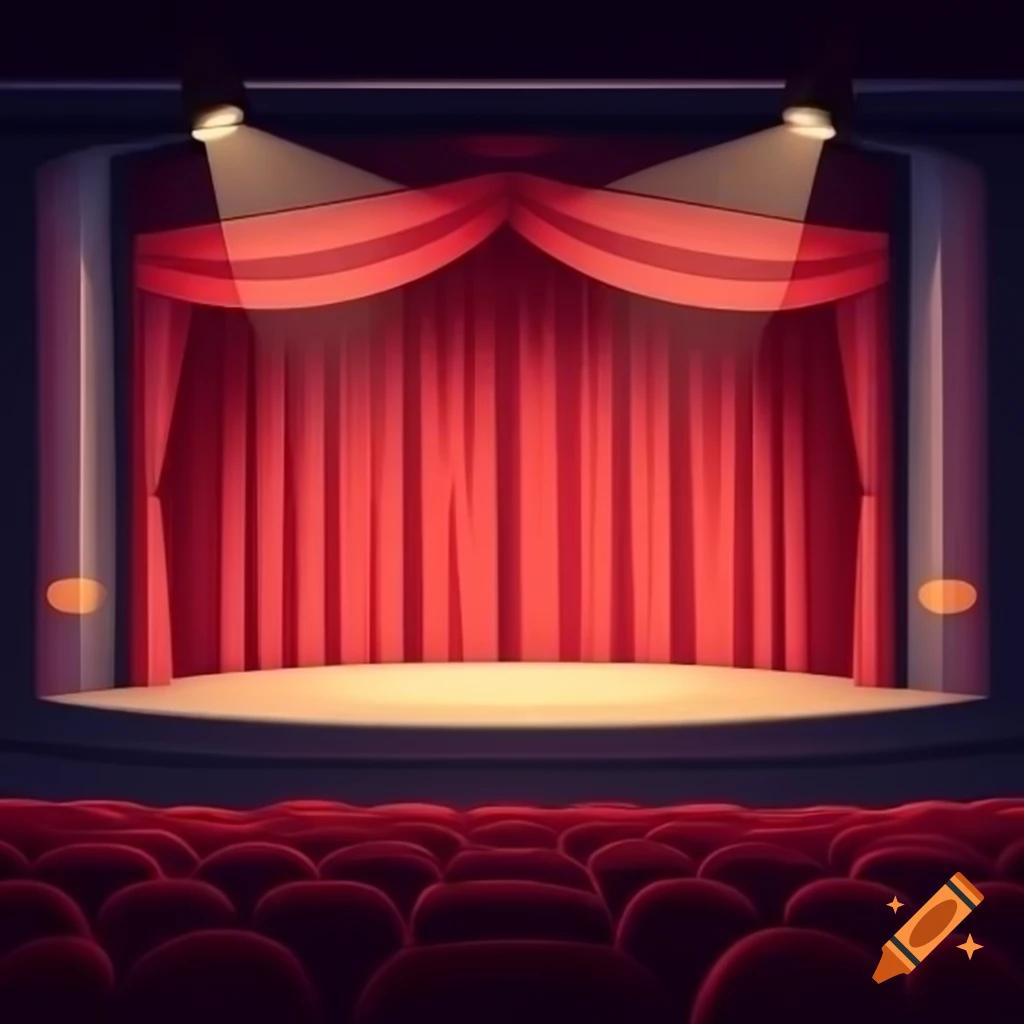 Cartoon-style modern theater stage with closed curtains and lighting ...