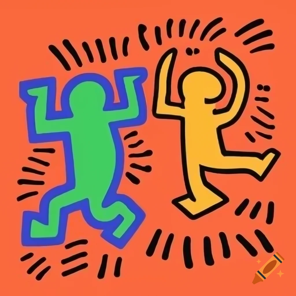Keith Haring style poster illustrating good vs evil theme with vibrant ...