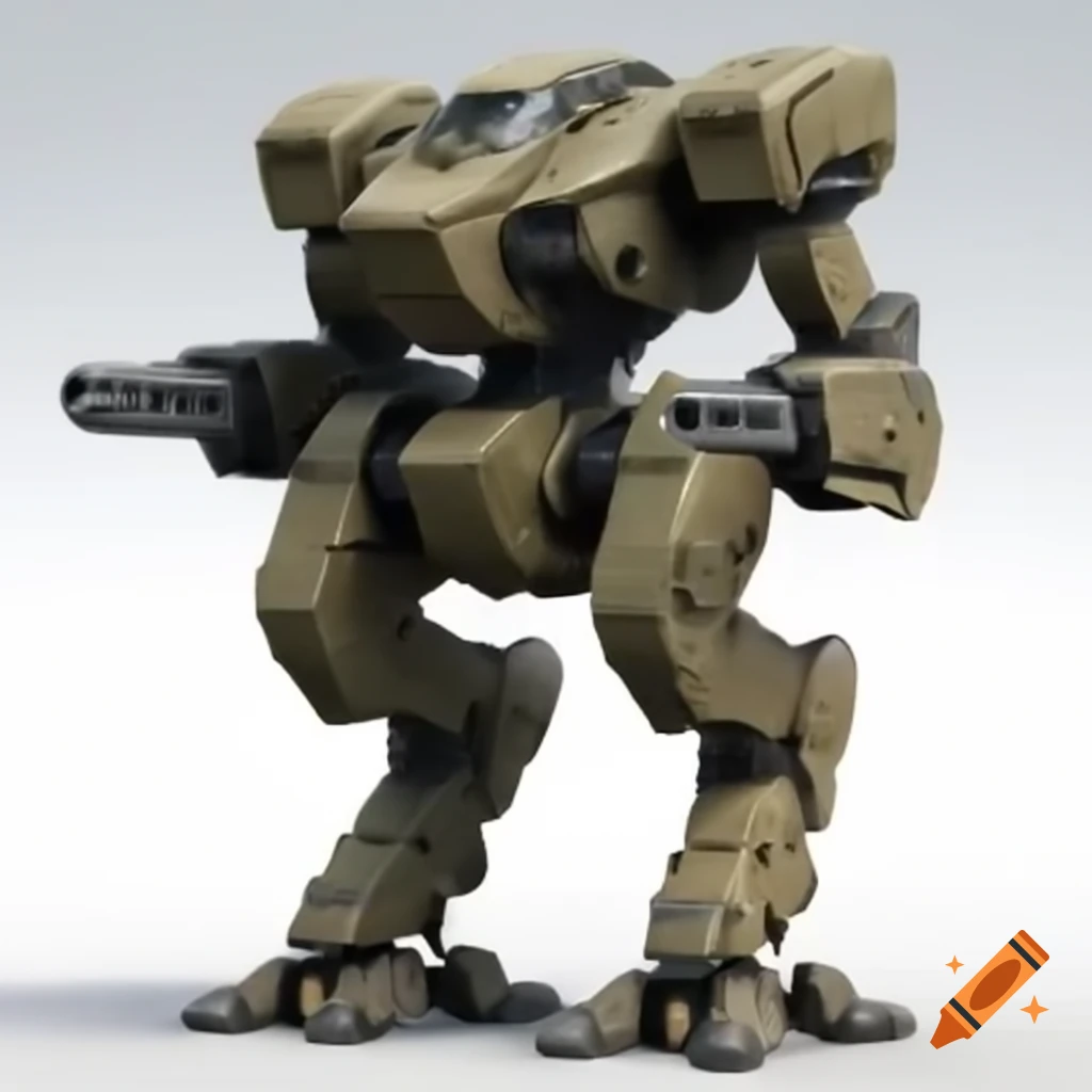 Heavily armored bipedal battle mech with angular and curved designs ...