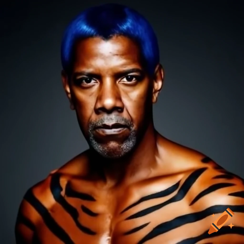 Muscular man with tiger-style makeup featuring blue hair and orange ...