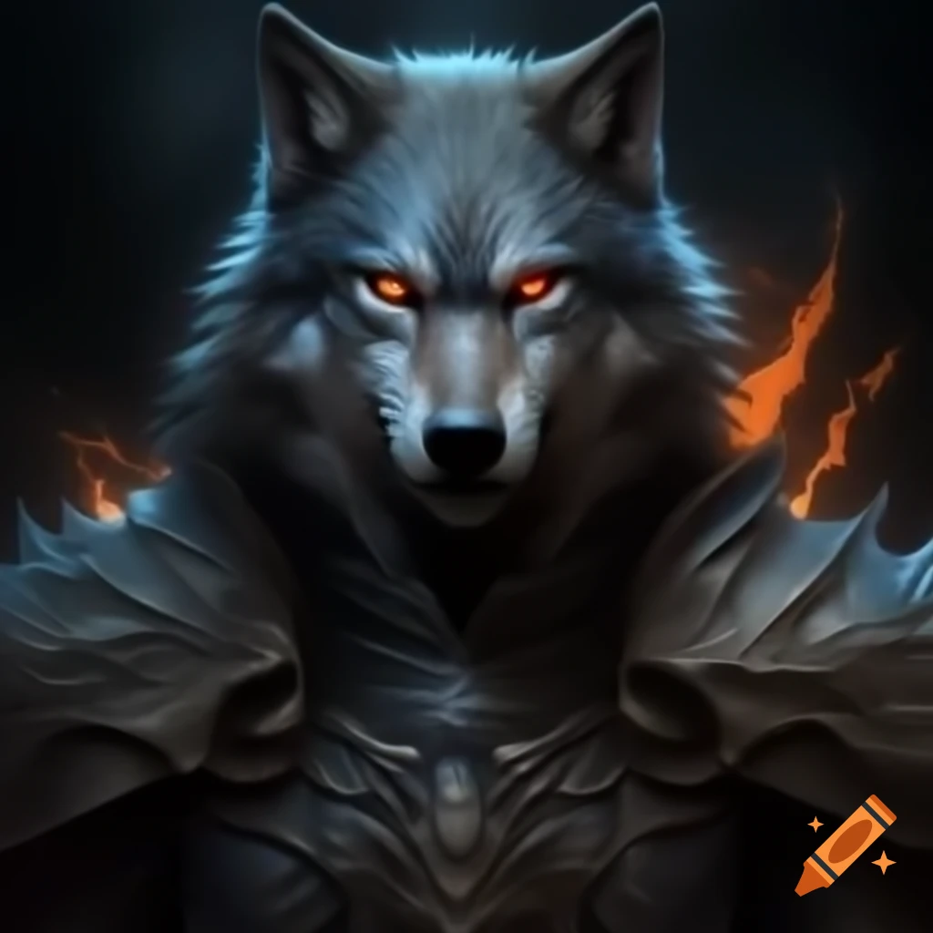Fearsome wolf in dark fantasy armor with glowing initials G R in snowy ...