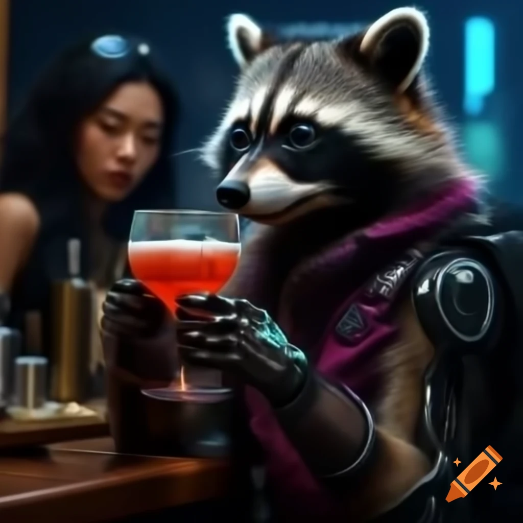 Cyberpunk raccoon cyborg and woman with halo enjoying cocktail on Craiyon