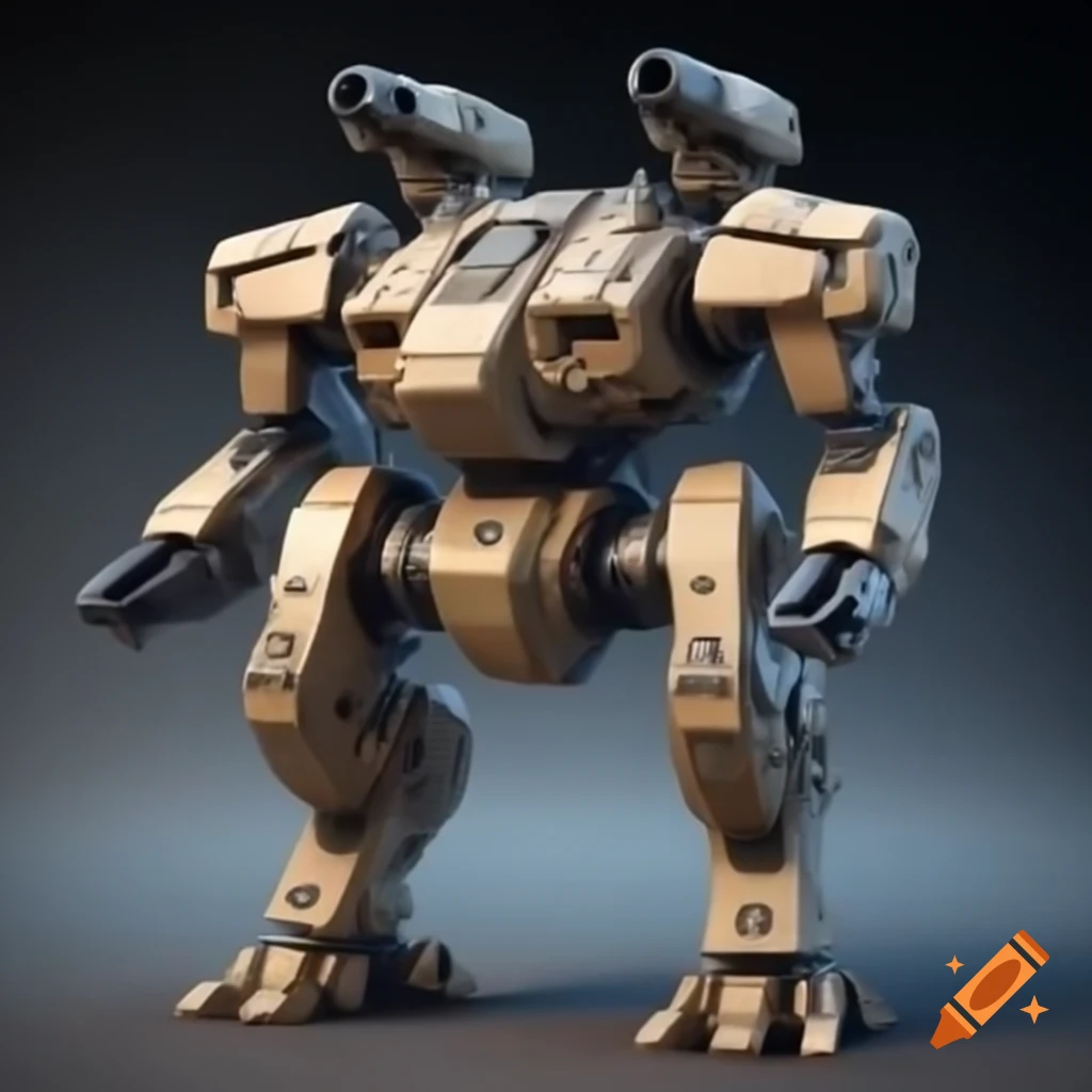 Heavily armored bipedal battle mech with angular and curved designs ...