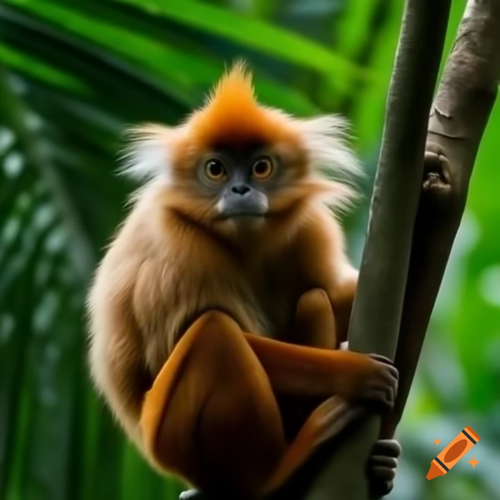 Proboscis monkey on tree branch in tropical rainforest with mist and ...