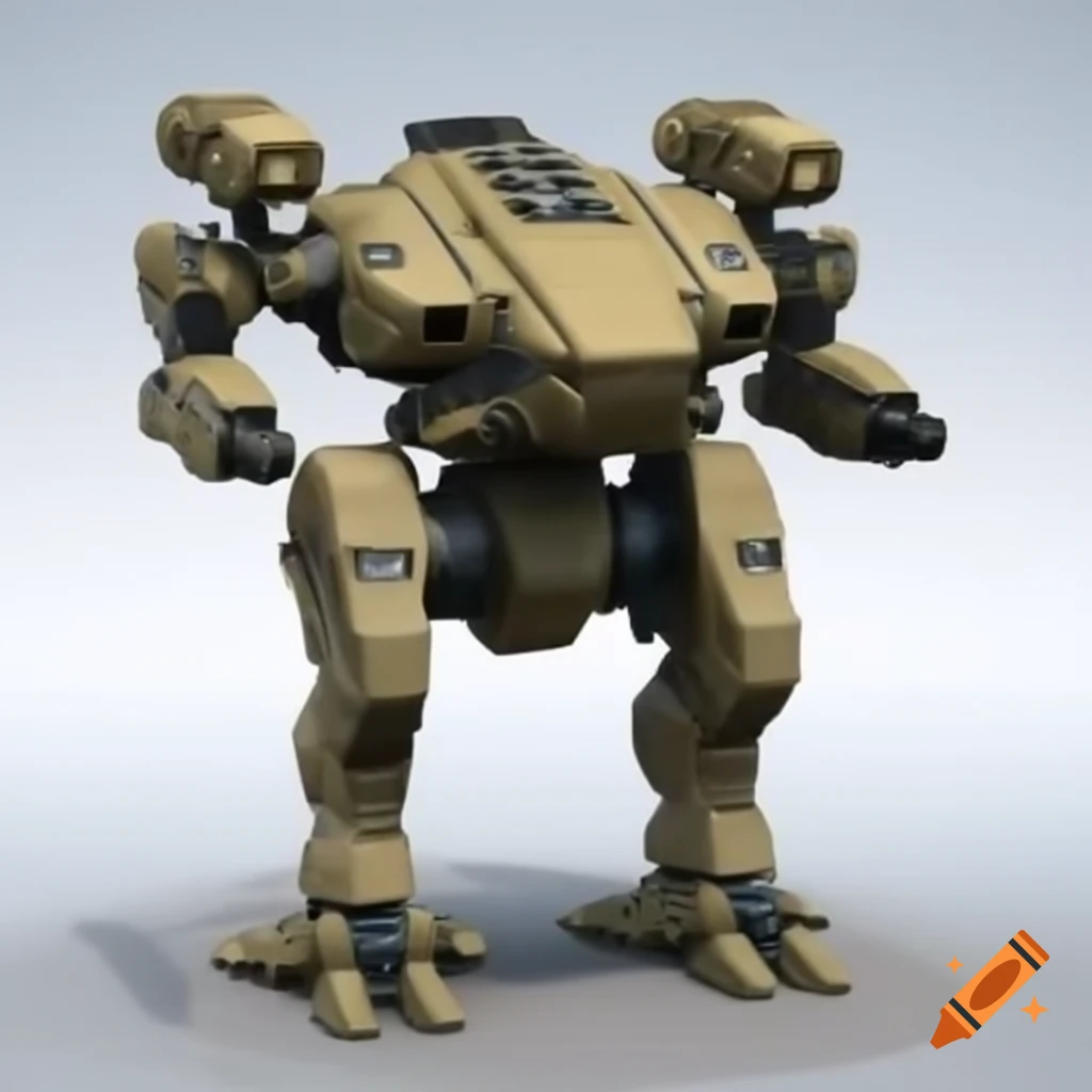Heavily armored bipedal battle mech with angular and curved designs ...