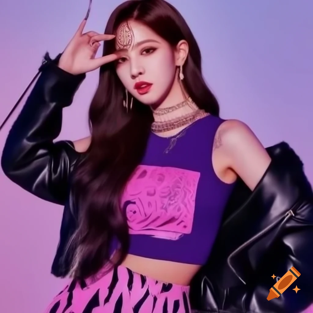 Sana from TWICE in fierce purple-and-pink outfit with pleated vinyl skirt and black faux leather ...