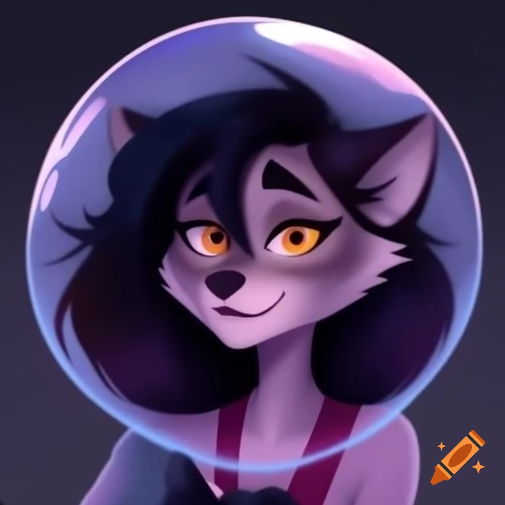 Disney-style anthropomorphic wolf woman with dark hair in a bubble on ...