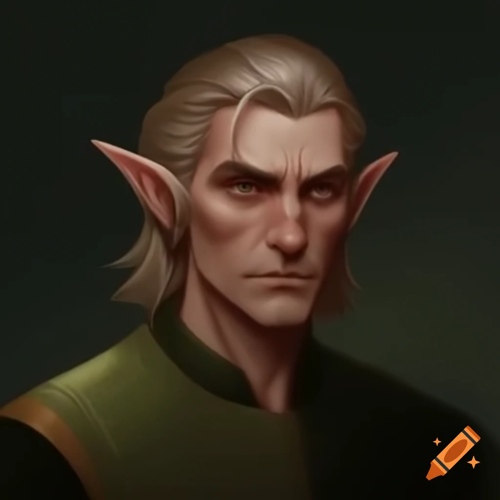 Middle-aged half-elf male with pointy ears and dark-blonde textured ...