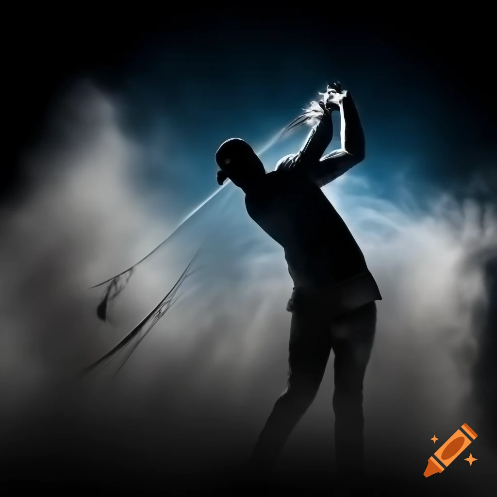 Abstract silhouette of powerful golf swing with dust motion blur on Craiyon
