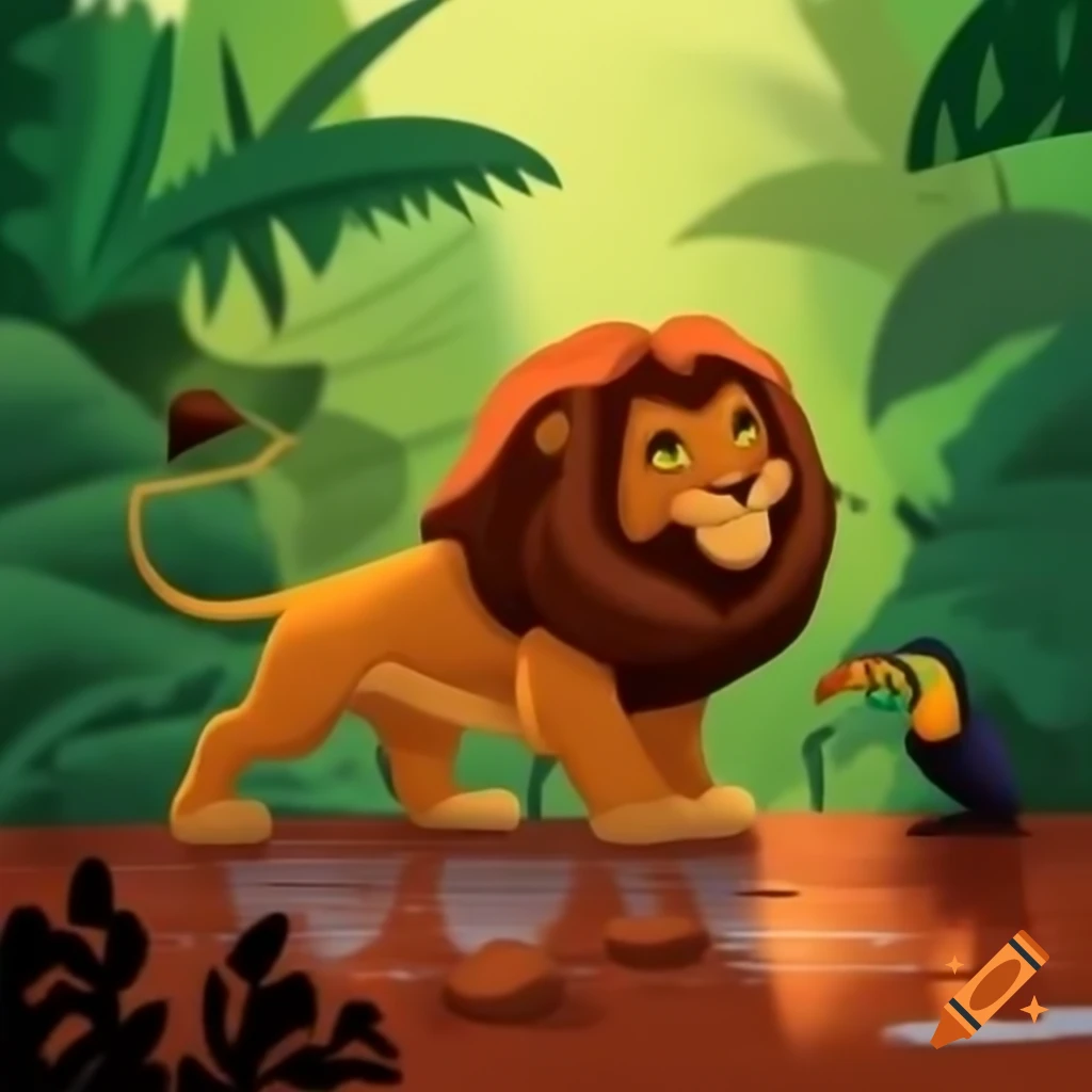 Cartoon of little lion stuck in muddy patch aided by toucan in colorful ...