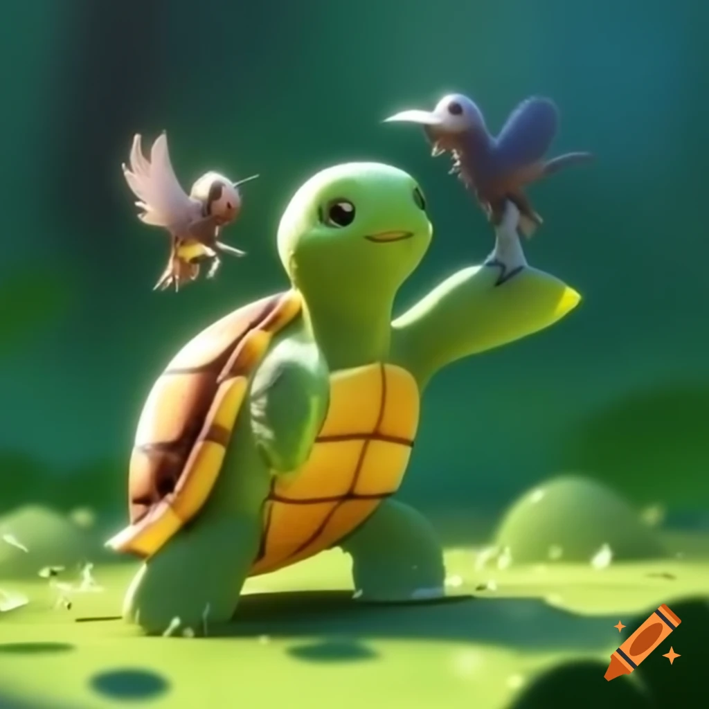 Turtle dancing with a bird in a whimsical scene on Craiyon
