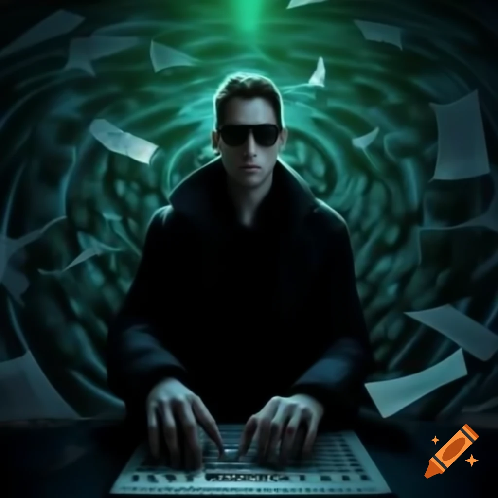 Contemplative Neo in black coat seated with swirling Excel spreadsheets ...