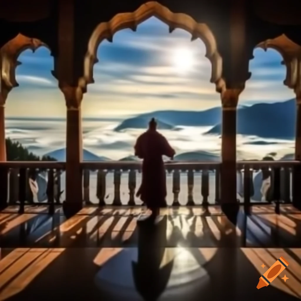 Monk on balcony of mountain monastery watching sunrise over sea of ...